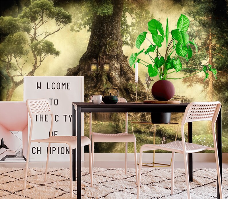 Fantasy Enchanted Forest Wall Mural Treehouse Wallpaper Magic Forest ...