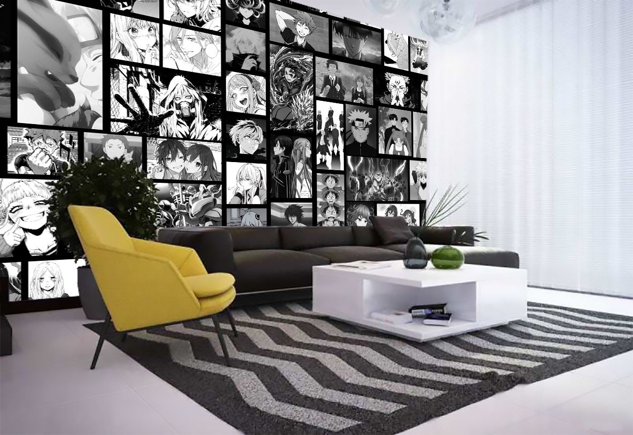 Anime Characters Wallpaper Black & White Wall Mural Japanese Manga Peel ...