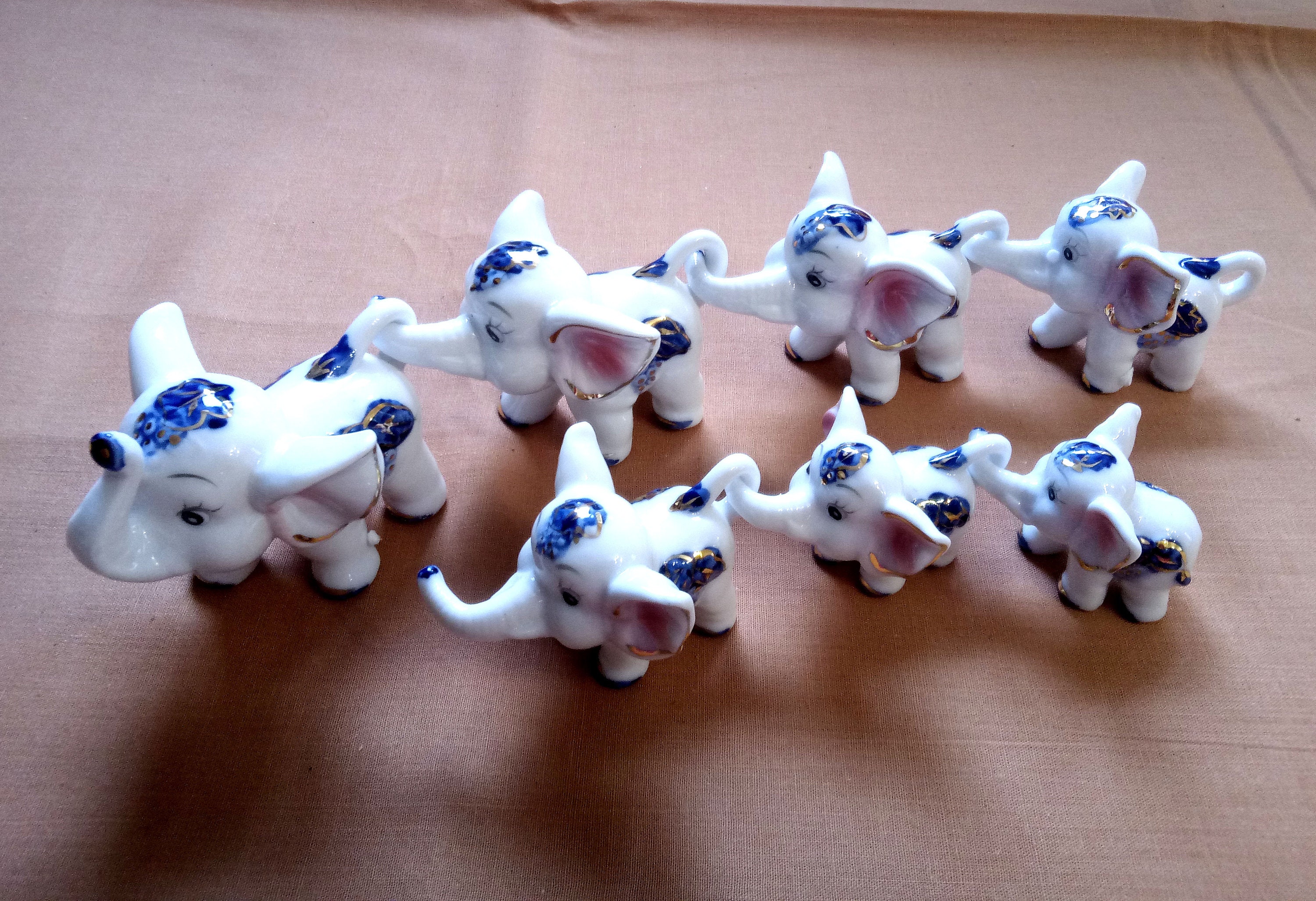 7 Adorable Elephant Figurines Vintage Bisque Animal Statuette Retro ...