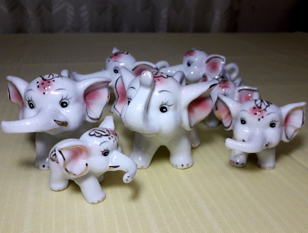 7 Adorable Elephant Figurines Vintage Bisque Animal Statuette Retro ...