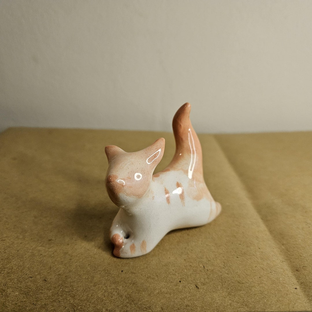 Ceramic Miniature Stretching Tabby Cat Figurine - Handmade Ornament ...