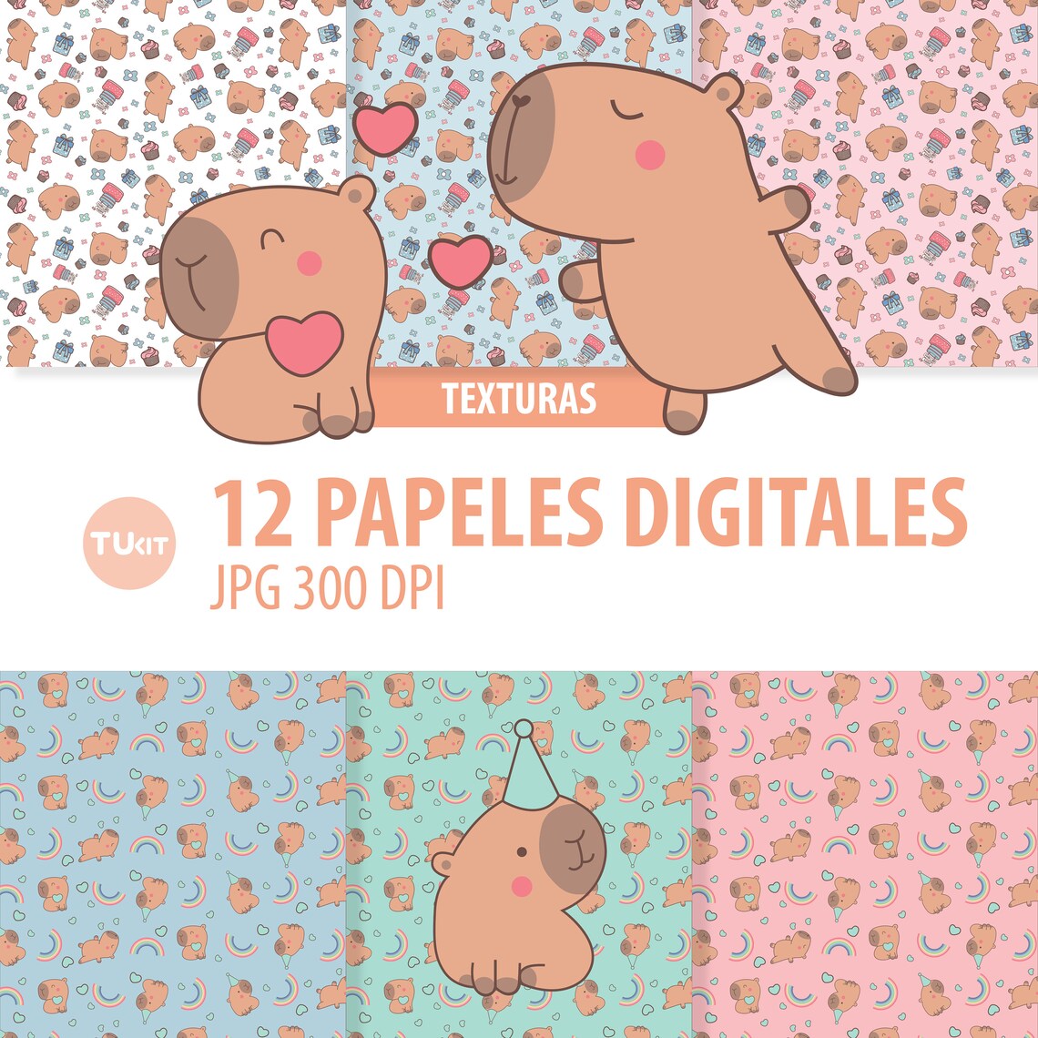 Papeles digitales imprimibles capibara, png files, digital paper jpg ...