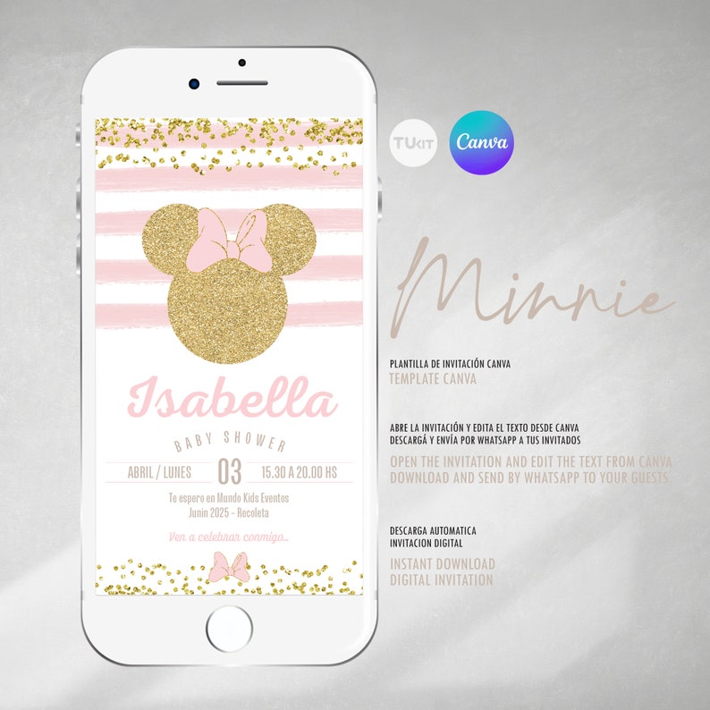 Invitacion editable, invitación, minnie, canva minnie rosa, moño ...