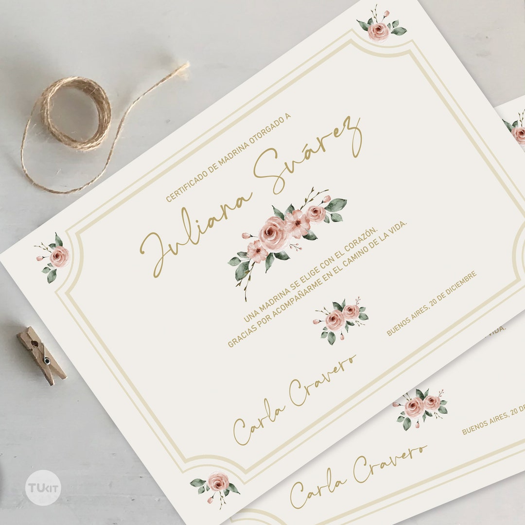 Certificate Diploma Godmother Baptism Communion Flowers Roses Tukit - Etsy