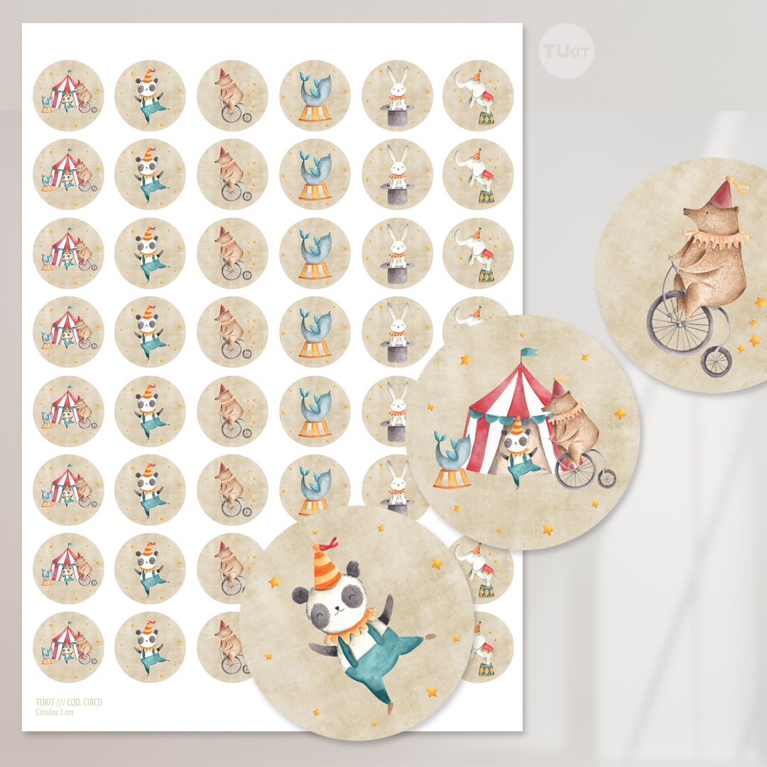Círculos stickers imprimibles png jpg personajes de circo circus tukit ...