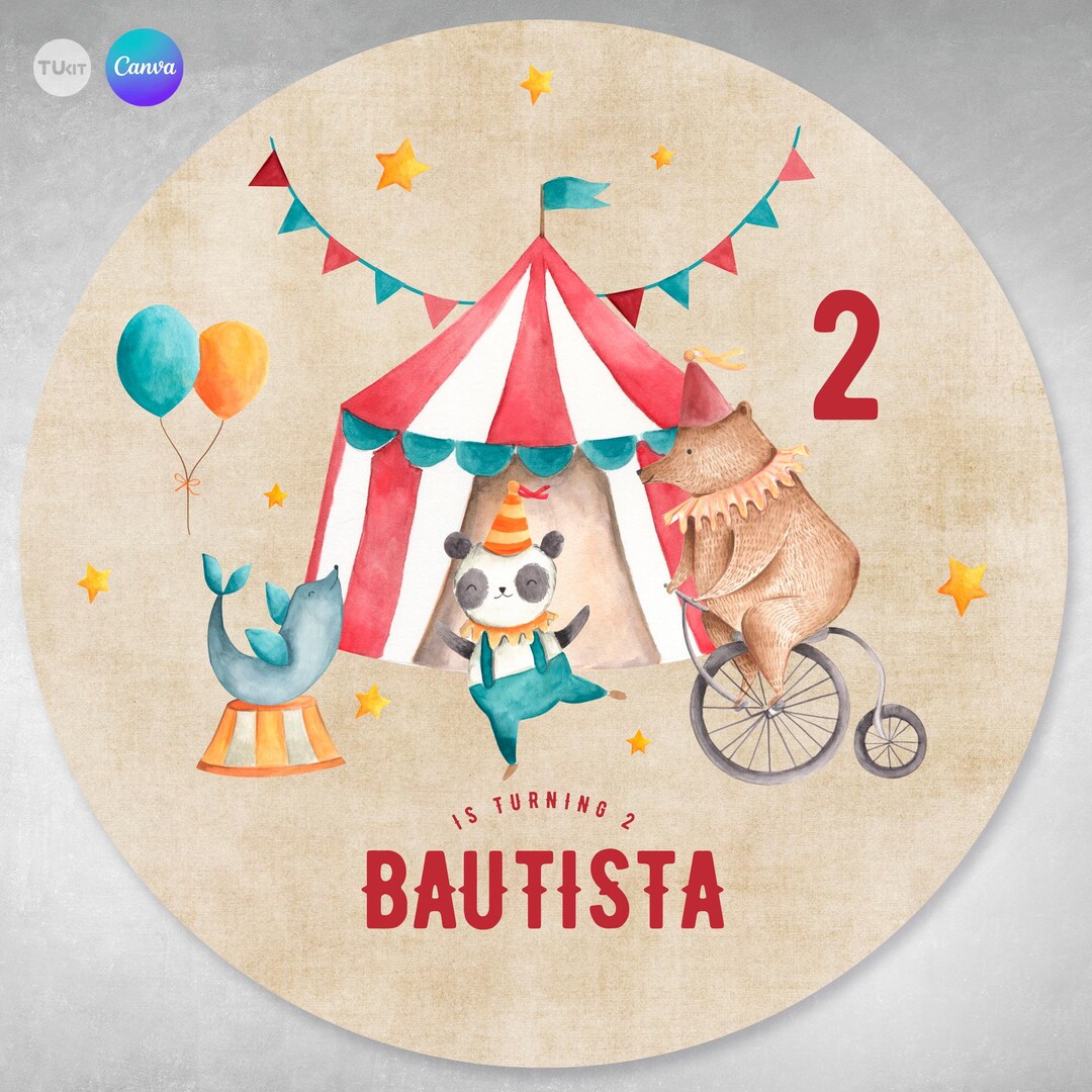 Circus Circular Banner, Printable Backdrop, Watercolor Circus Animals ...