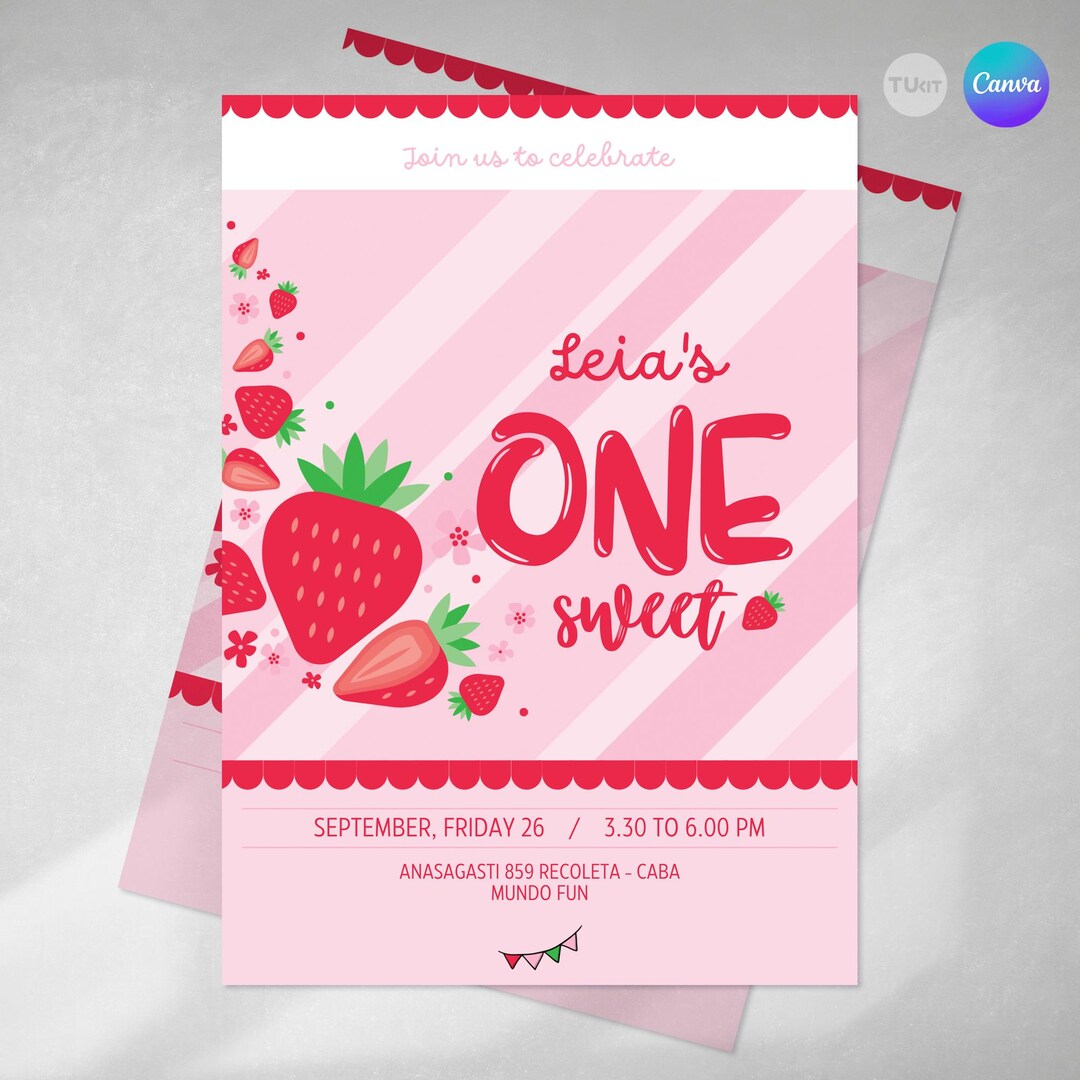 Editable Strawberry Invitation, Strawberry Invitation, Editable Canva ...