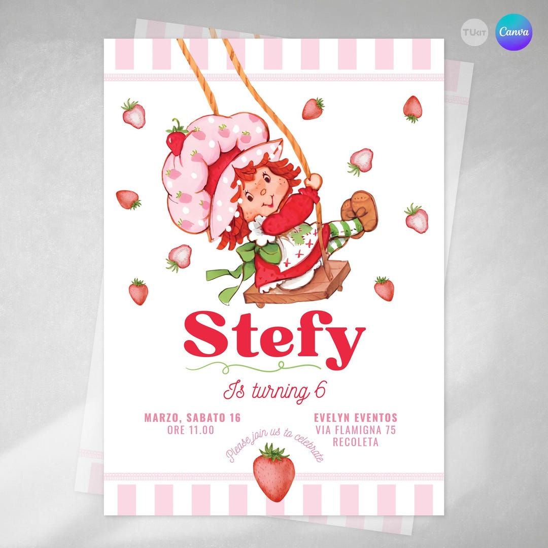 Strawberry Shortcake Party Invitation, Editable Canva Invitations ...