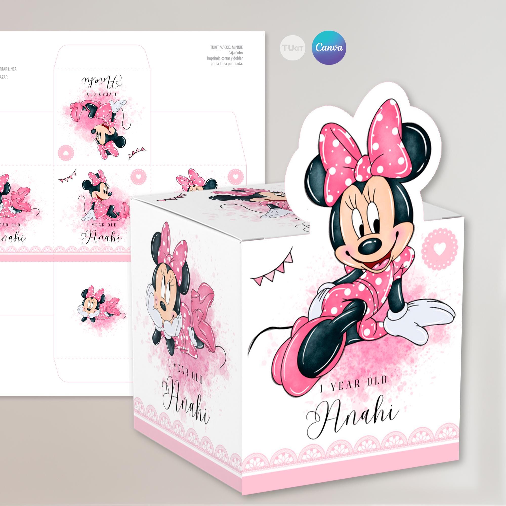 Minnie Mouse Cube Box, Printable Box, Pink Watercolor Minnie Mouse ...