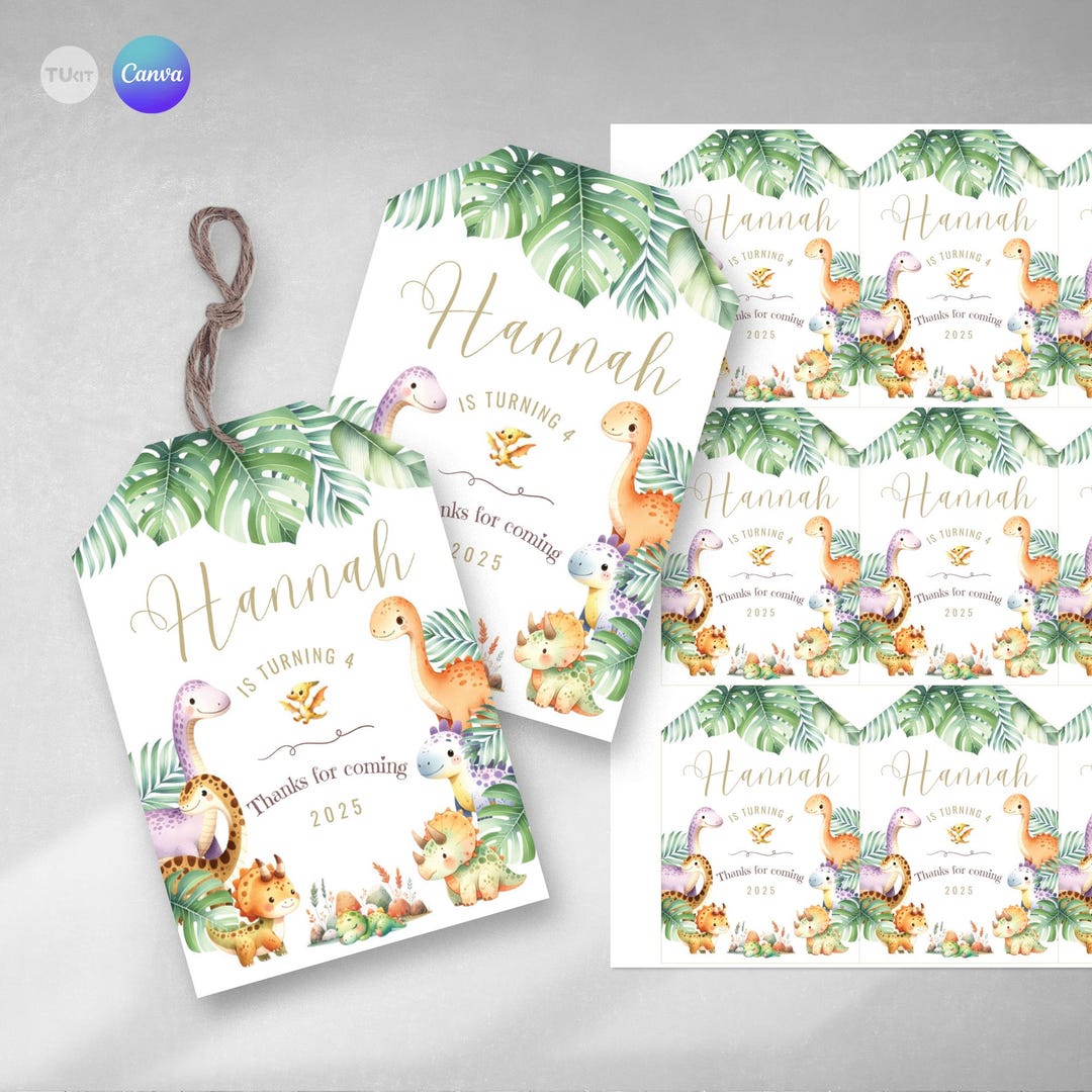 Printable Dinosaur Tag, Editable Canva Text, Dinosaur Watercolor, Card ...