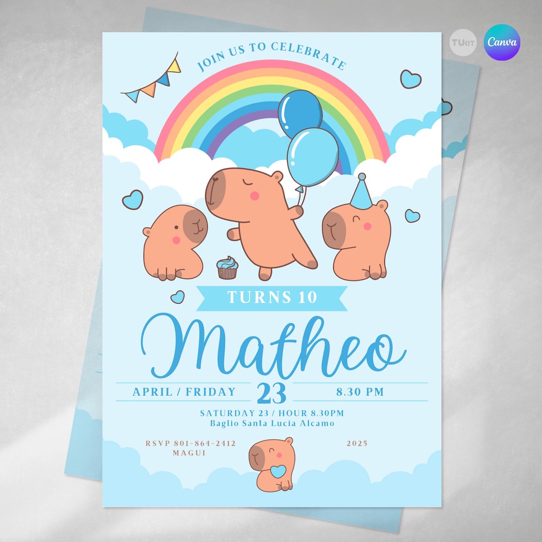 Rainbow Capybara Invitation, Capi Fest Invitation, Birthday Invitations ...