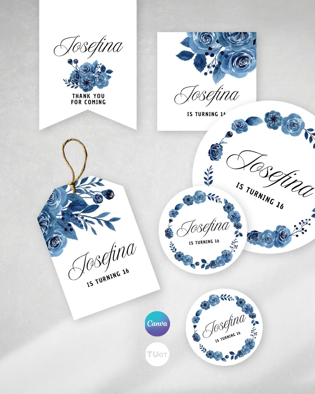 Mini Printable Flower Kit, Canva Template, Blue Flowers, Circle Tag ...