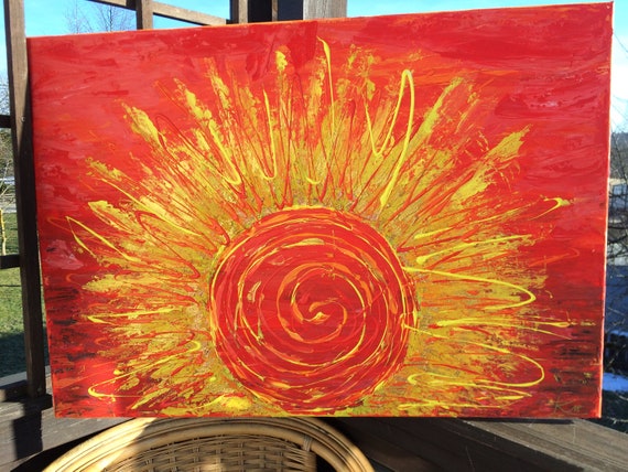 Rising sun acrylic painting modern art red unique | Etsy
