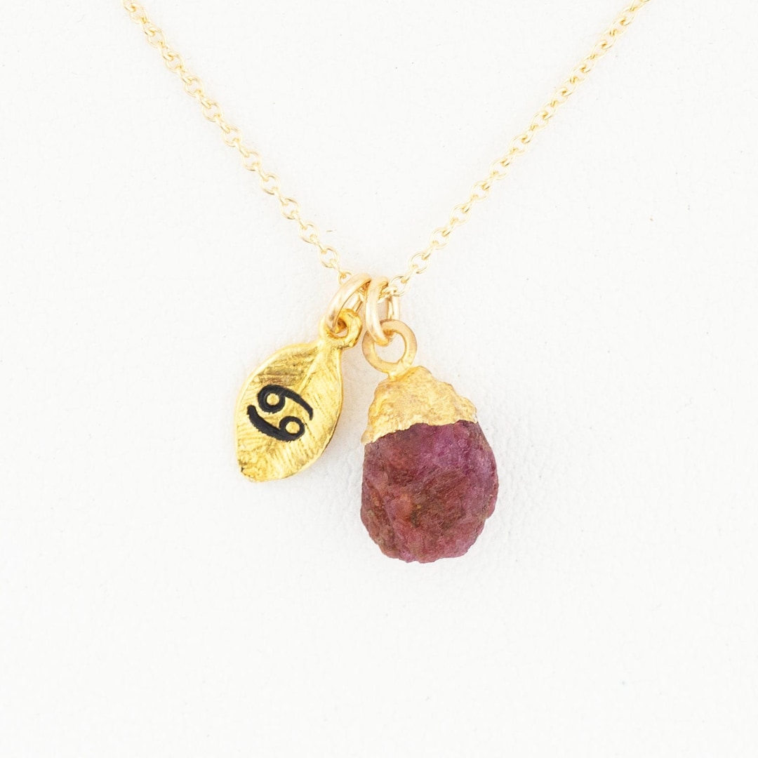 Raw Ruby Necklace, Gold Cancer Zodiac Charm, July Birthstone - Etsy