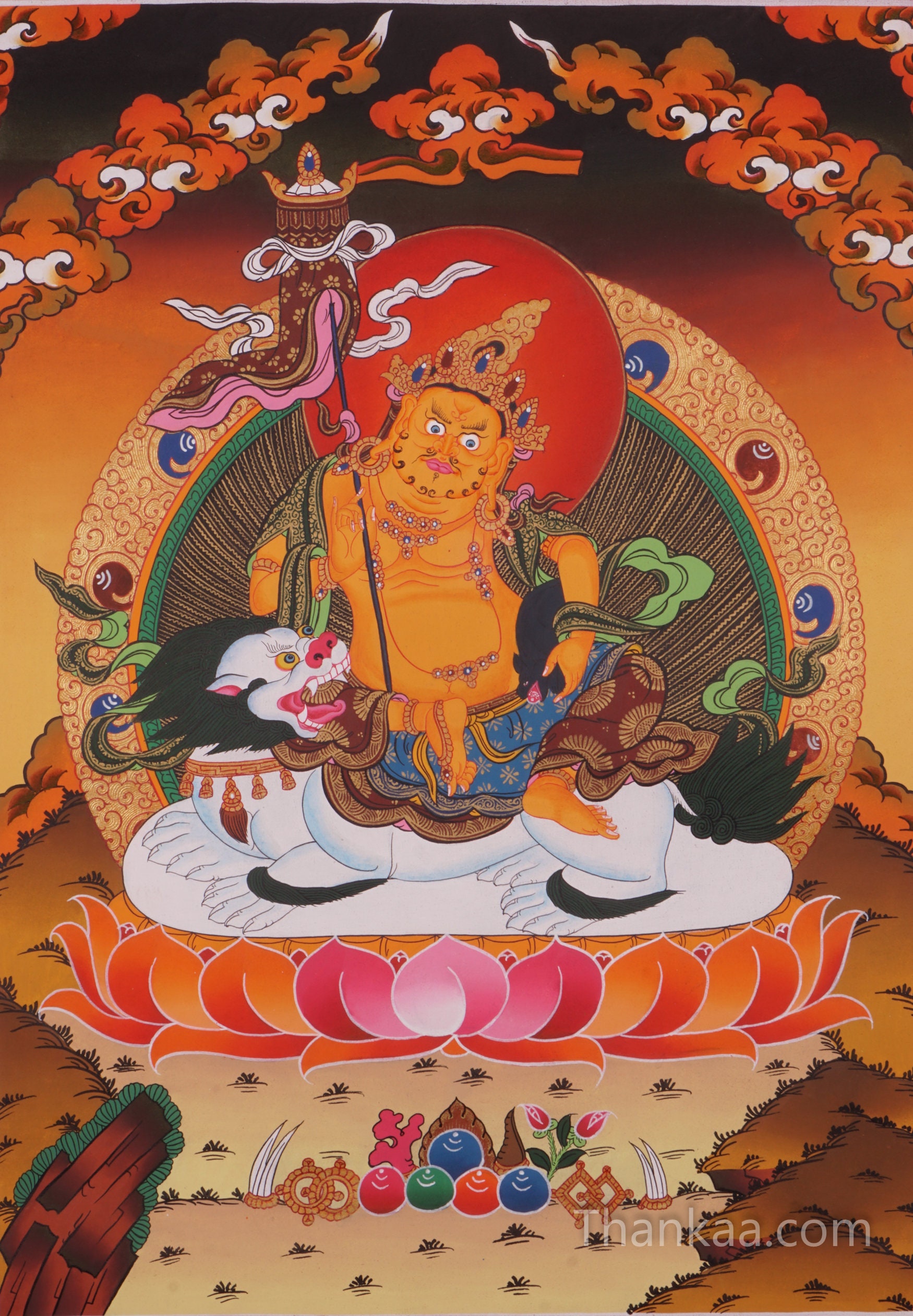 Zambala on Snow Lion Thangka Tibetan Buddhist Artwork for Wall Decor Blessings for Good Fortune ...