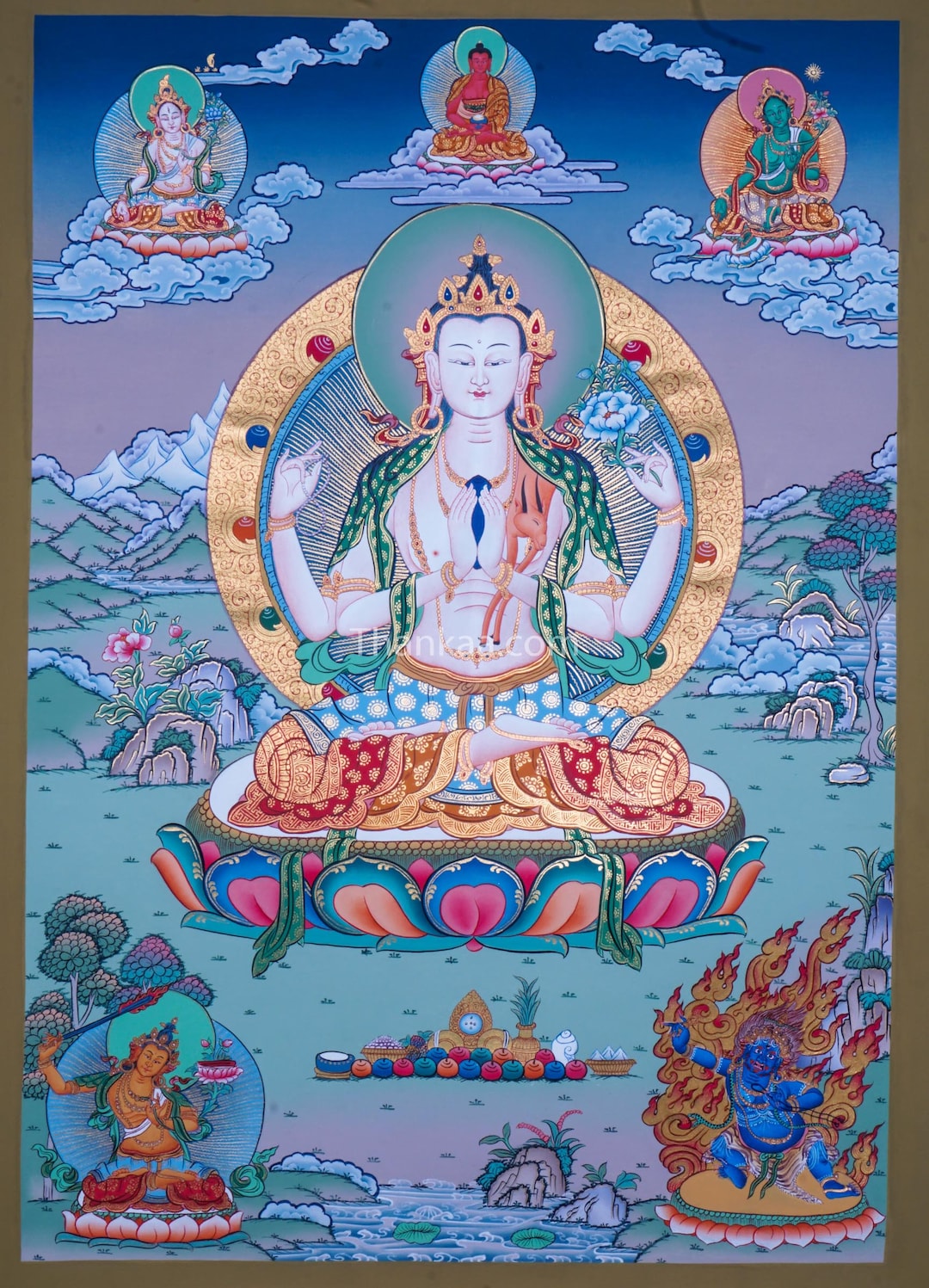 Tibetan Thangka Painting - Zambala, Chengresi, White Tara, Manjushri ...
