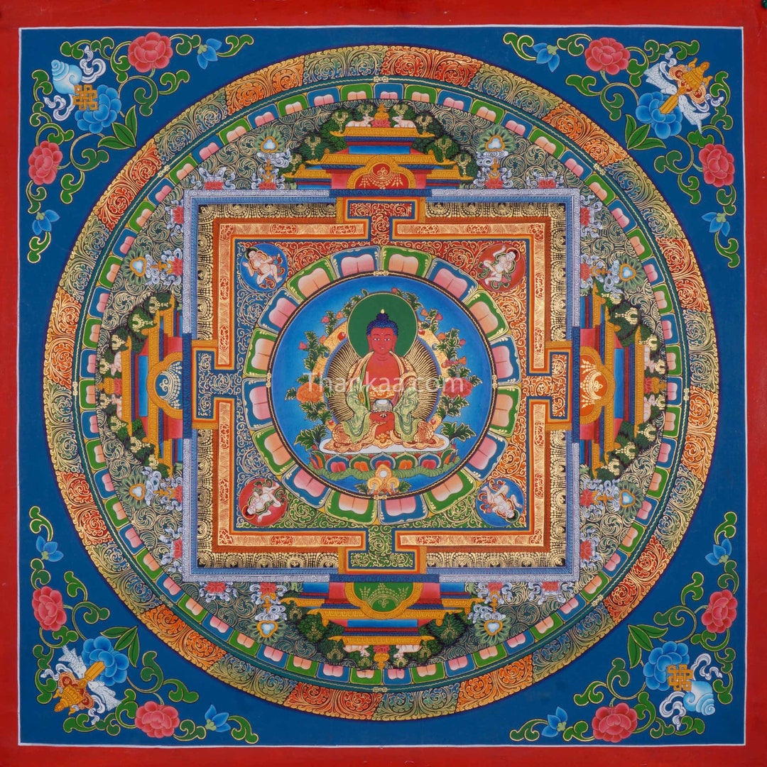 Tibetan Mandala Portraying Amitabha Buddha at Centre Handmade Tibetan ...