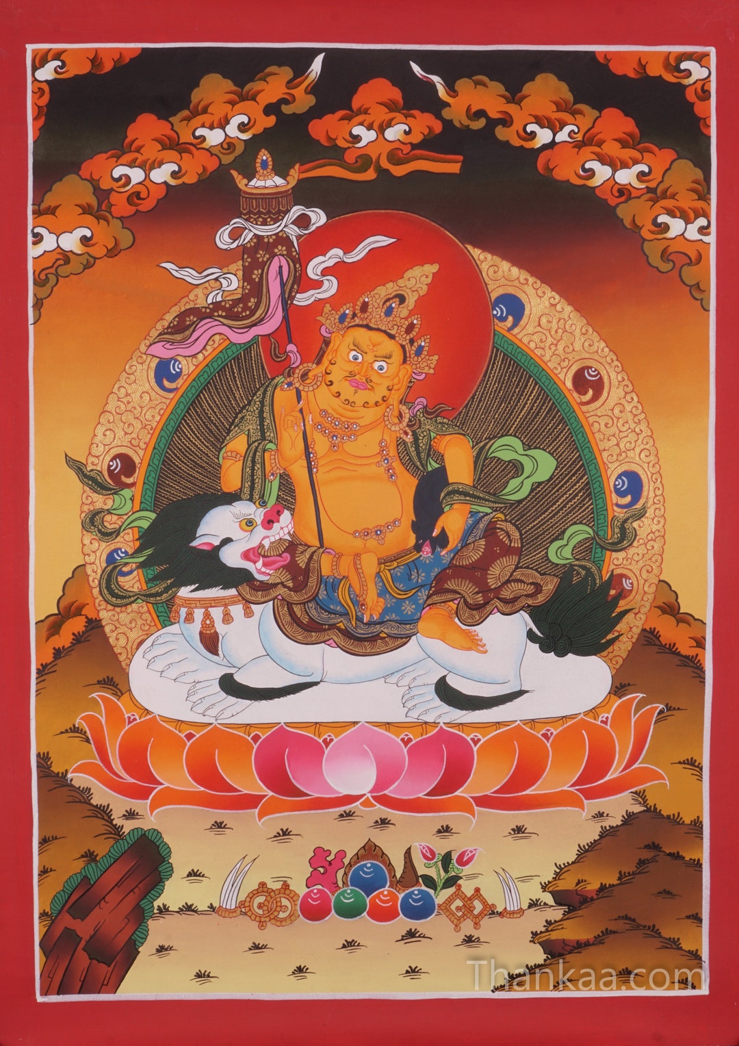 Zambala on Snow Lion Thangka | Tibetan Buddhist Artwork for Wall Decor ...