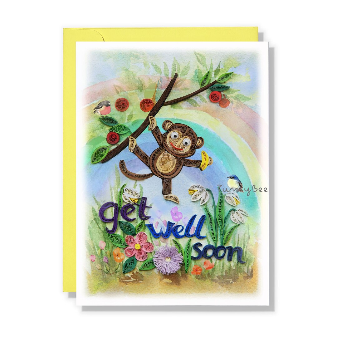 Get Well Soon Monkey Quilling Card, Handmade Flower Card for Get Well ...