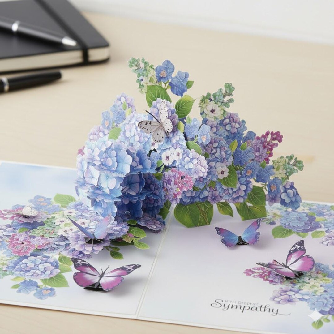 Blue Hydrangea Sympathy Pop up Card, 6x8 3D Popup Condolence Card ...