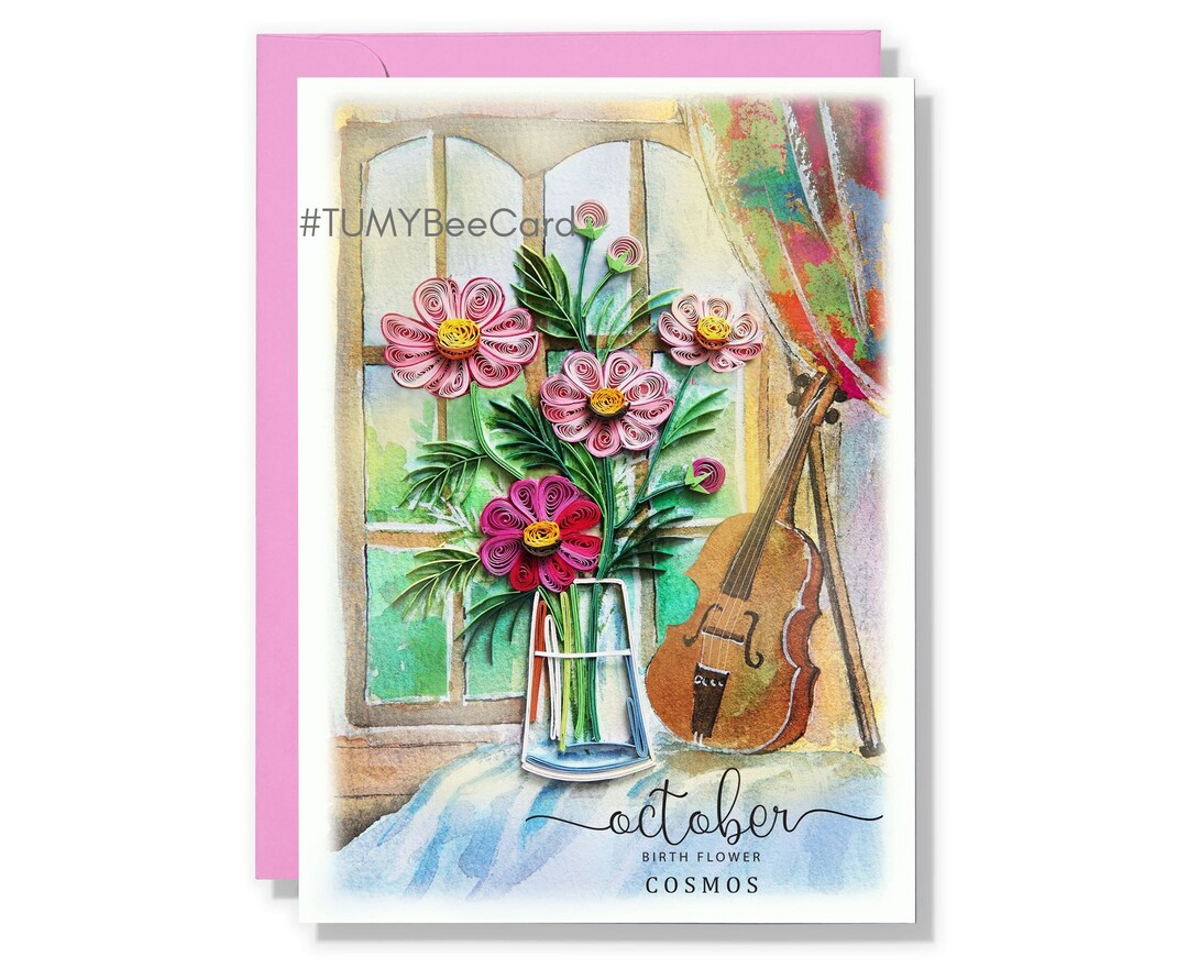 Happy Birthday Quilling Card, October Birth Flower Card, Cosmos Floral ...
