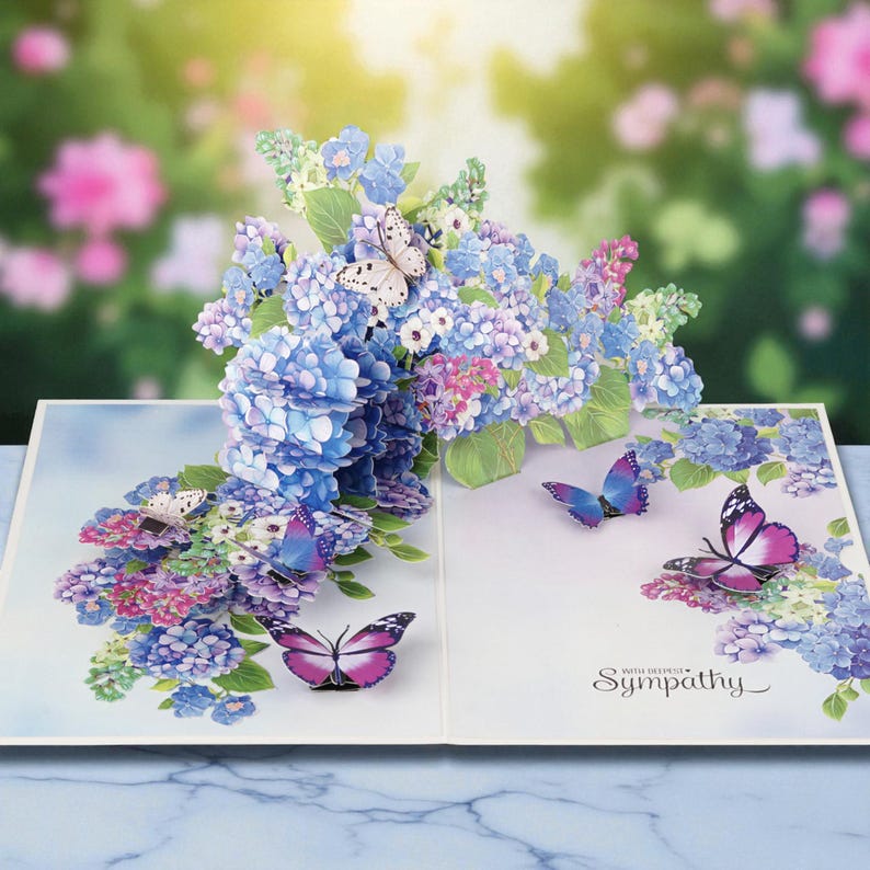 Blue Hydrangea Sympathy Pop up Card, 6x8 3D Popup Condolence Card ...