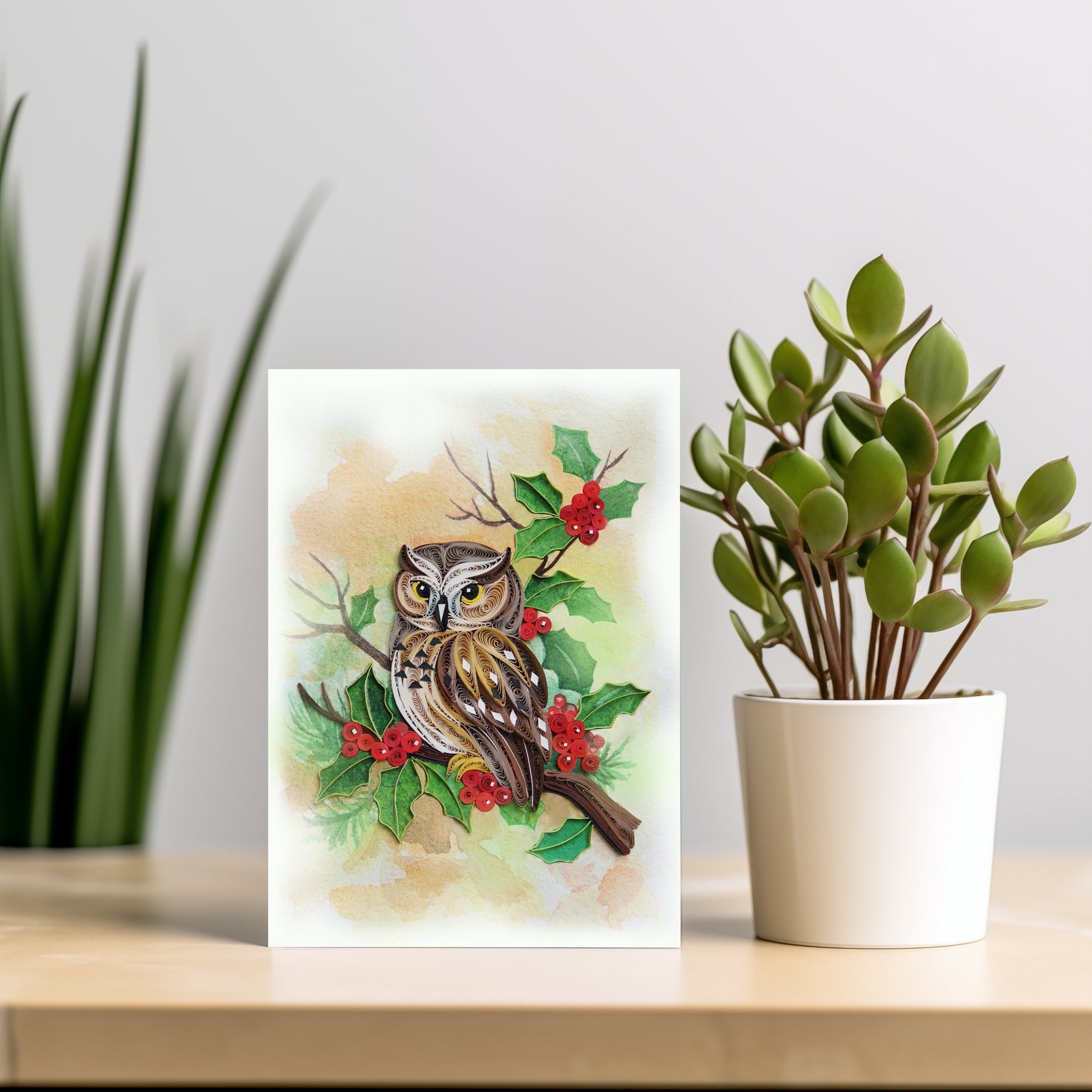 Happy Birthday Quilling Card, Holly and Owl Flower Card, Birthday Gift ...