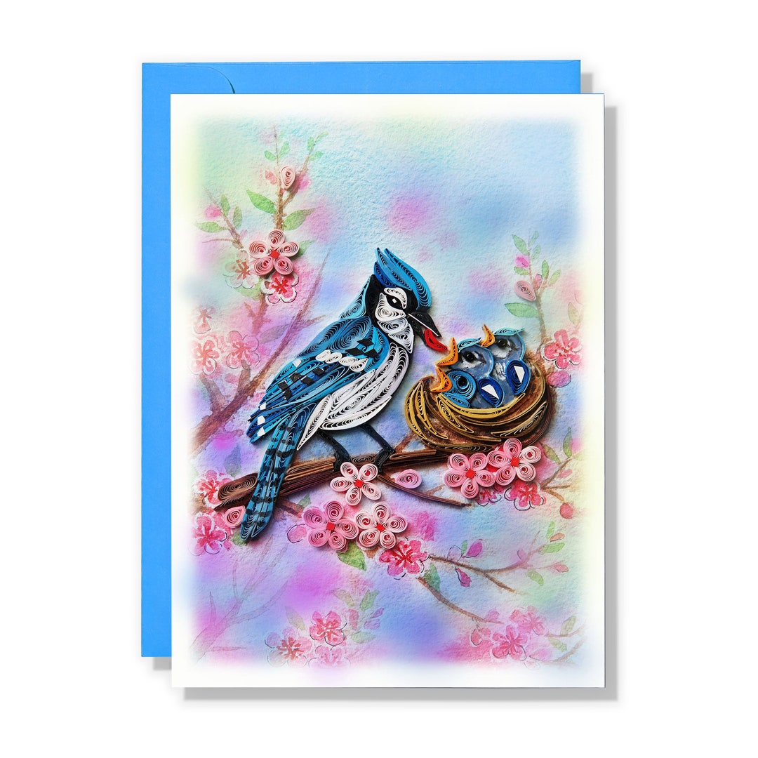 Blue Jay Mom and Kids Birds Quilling Card, Mother Day Card, Quilled ...