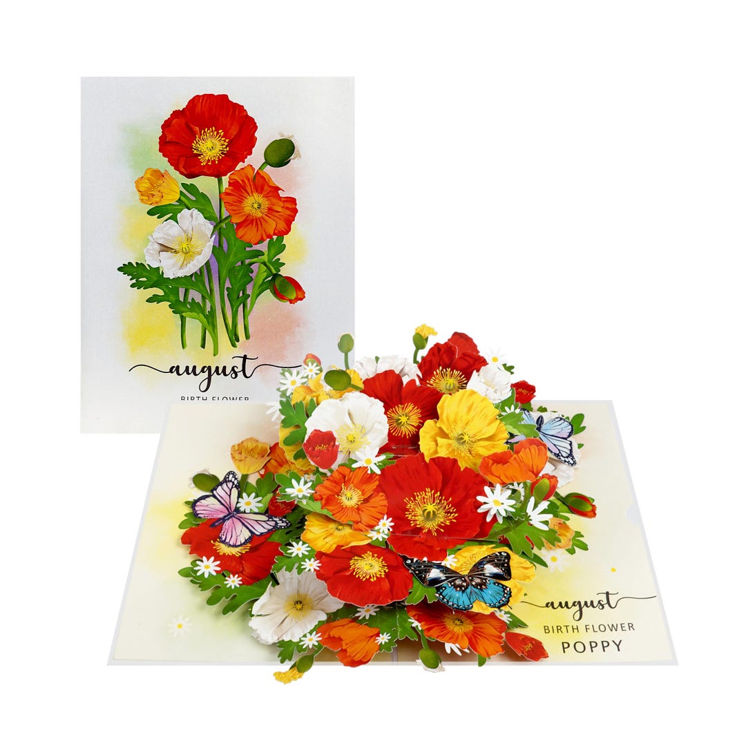 August Poppy Pop up Card, Birth Months, 3D Flower Bouquet for Birthday ...