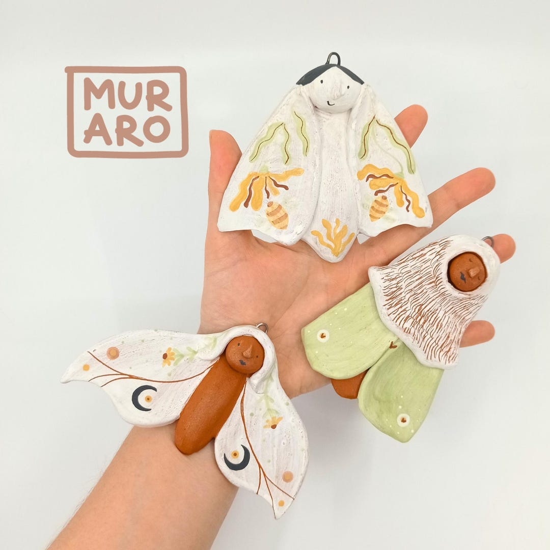 Set of 3 Ceramic Moon Moths Wall Hangings | Handmade Terracotta Home ...