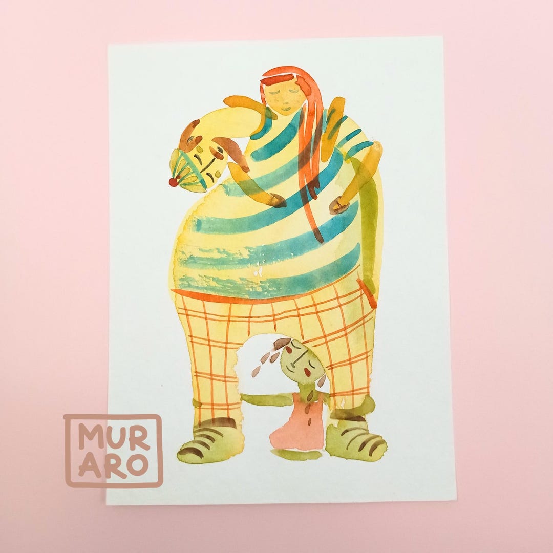 Original Dad and Children Watercolor Illustration | Unique Delicate ...