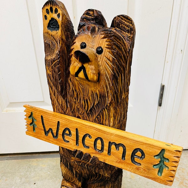 Welcome Bear Carved Statue - Etsy