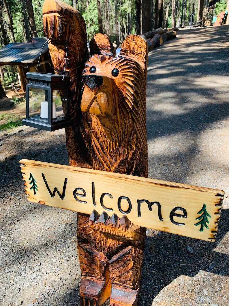 3ft Cedar Bear Chainsaw Carving With Welcome Sign - Etsy