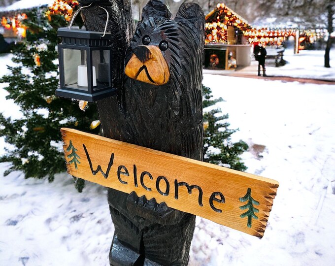 3ft Cedar Black Bear Chainsaw Carving With Solar Lantern and Welcome ...