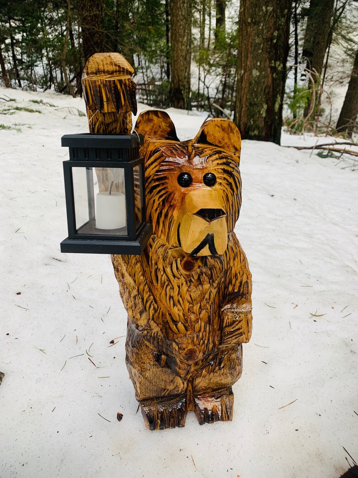2ft cedar carved bear chainsaw carving with solar lantern | Etsy