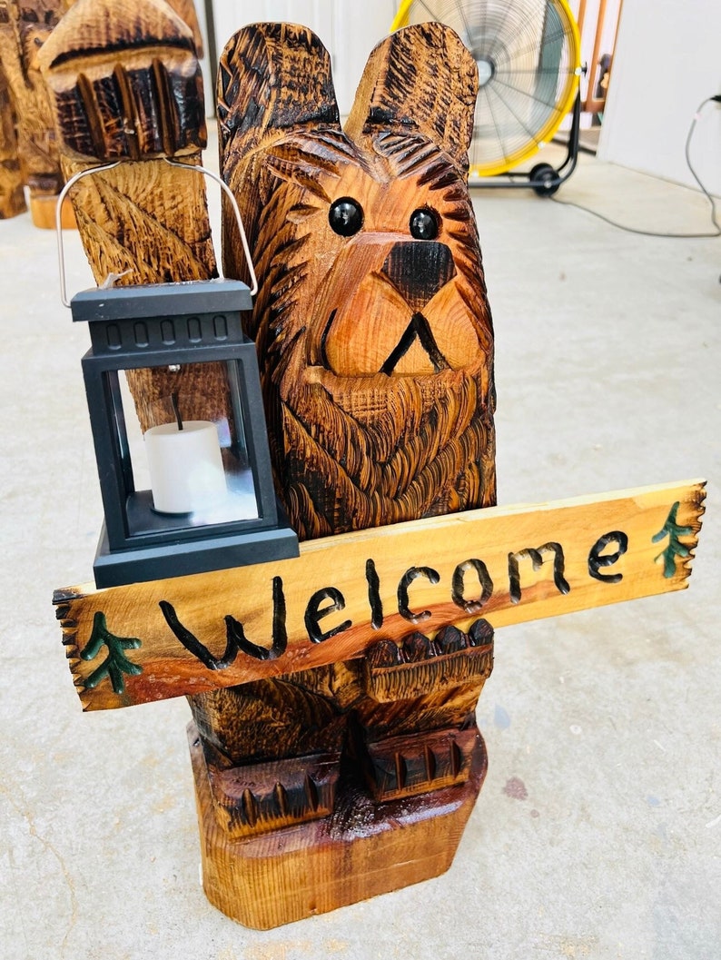 2ft Welcome Bear Chainsaw Carving With Personalized Sign - Etsy