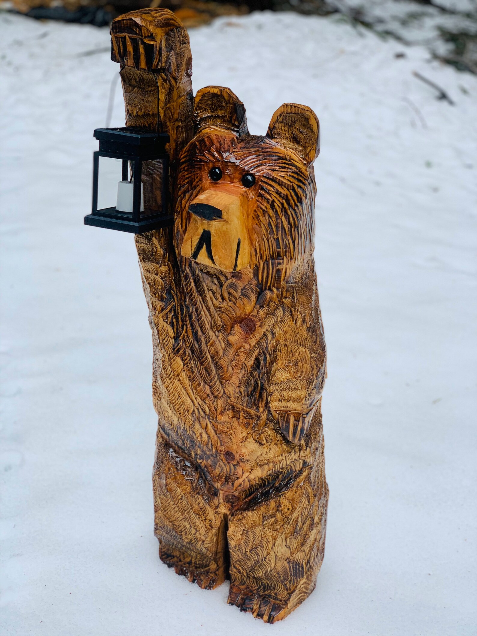 3ft Cedar carved Bear chainsaw carving with solar lantern | Etsy