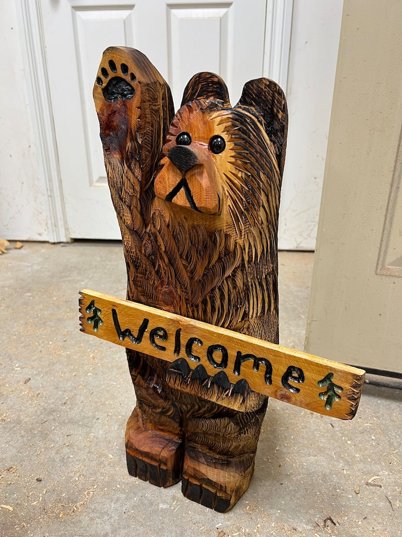 2ft Cedar Carved Waving Bear on Stump and Welcome Sign Chainsaw Carving ...