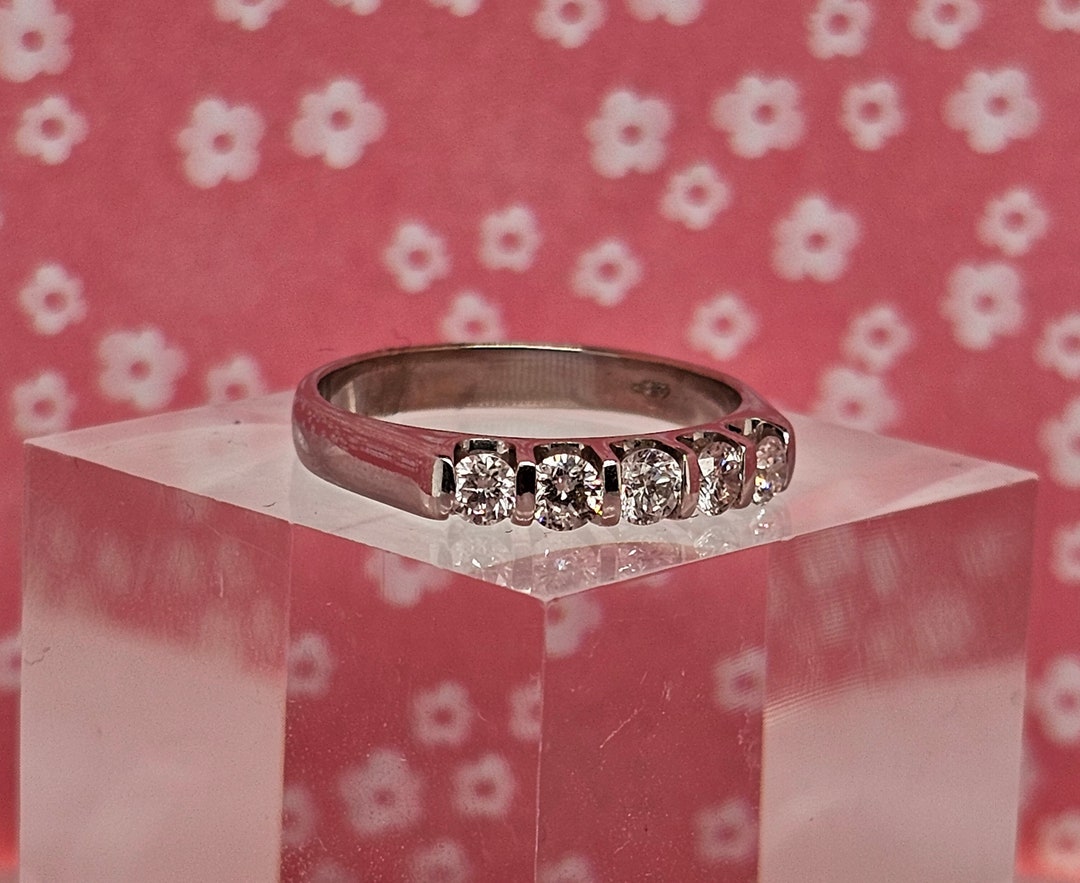 Circa 1990, a 14k White Gold 5 Diamond Bar Set Band, Finger Size 6.75 ...