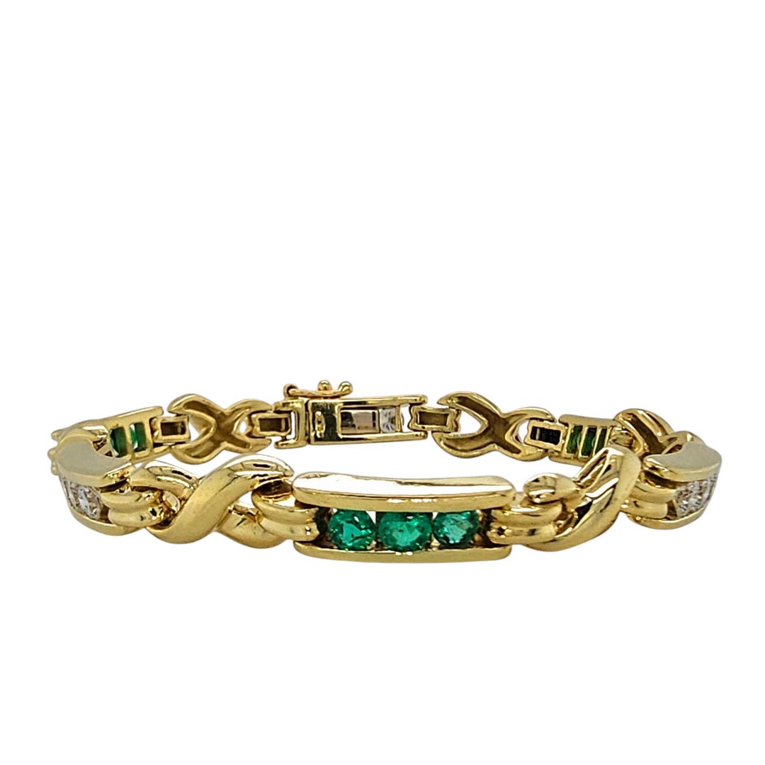 Vintage 18k Yellow Gold Channel Set Emerald & Diamond Bracelet. 7 ...