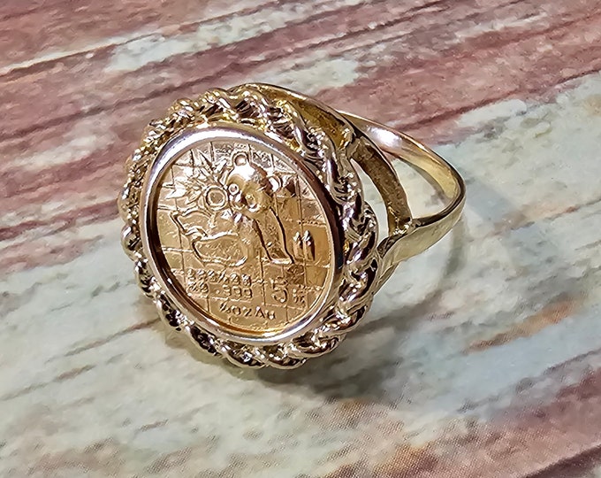 Circa 1989, a 14k Yellow Gold 1/20th Oz. 24kt Panda Coin Ring With Rope ...