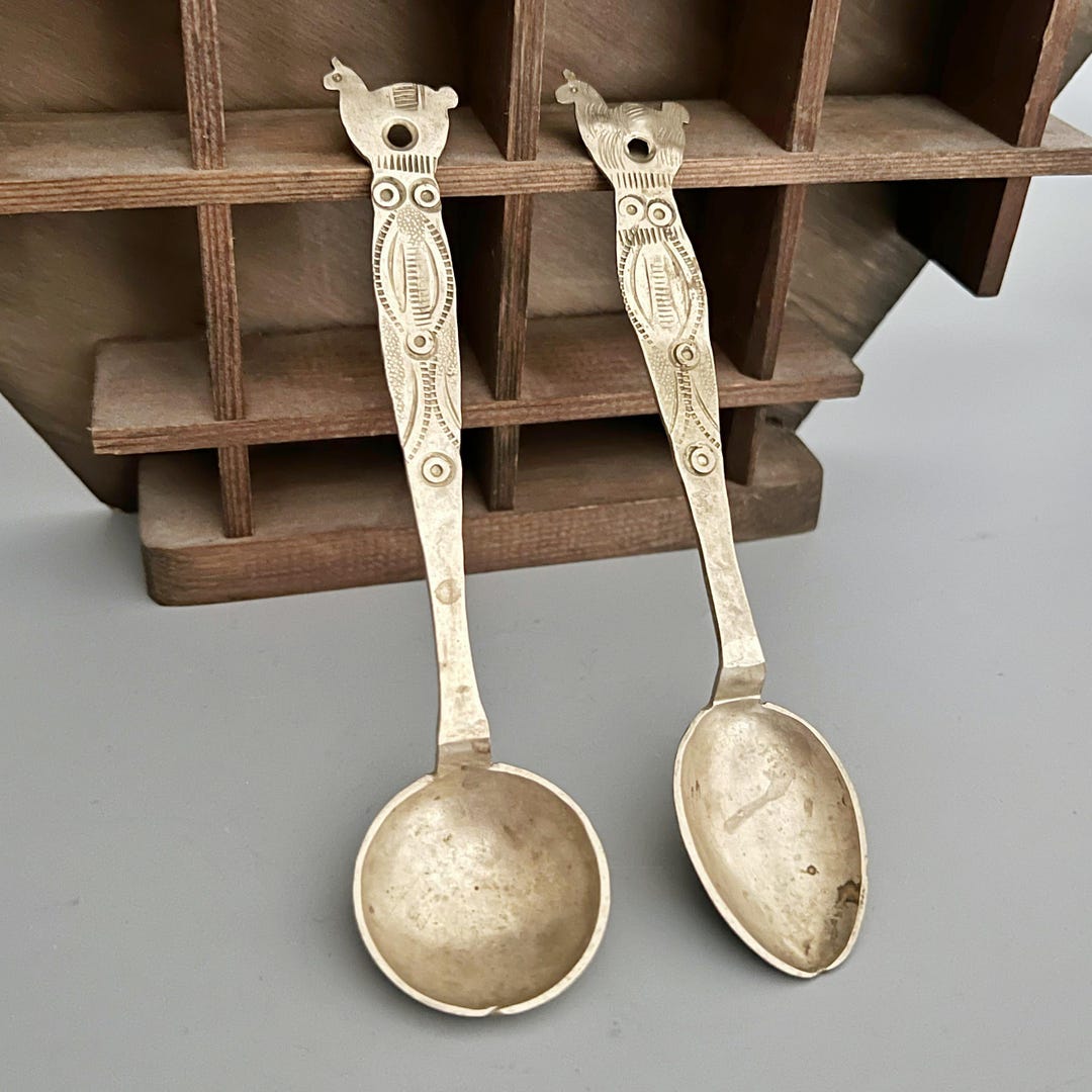 2 Witch Spoons Herb Spoons Carved Metal Lama Shaped Small Vintage ...