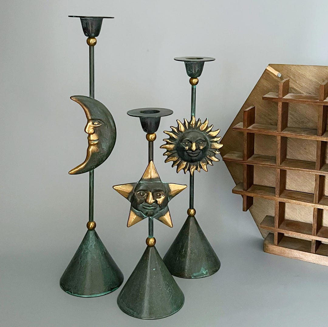 Celestial Sun Moon Star Candlesticks Set of 3 - Brass Candle Holders ...