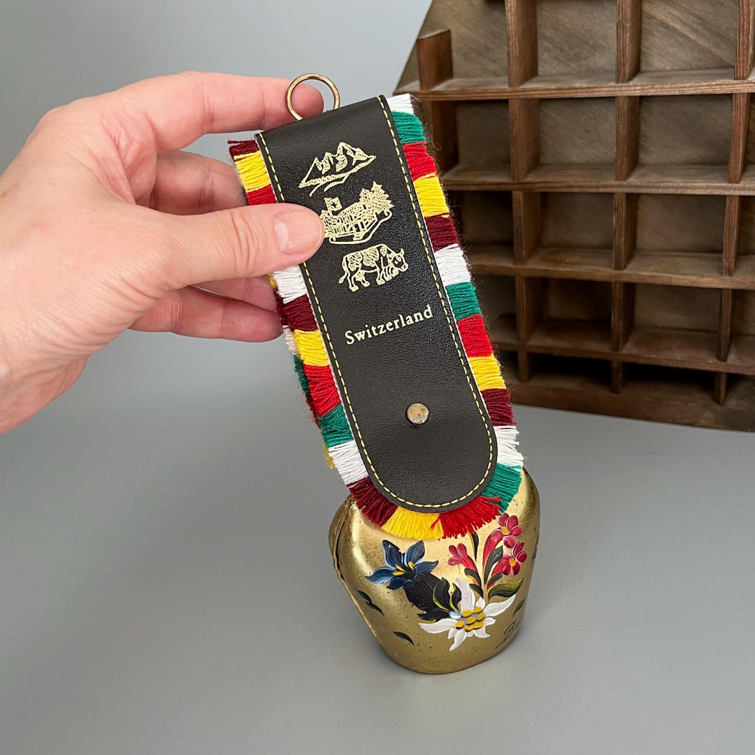 Vintage Swiss Brass Cow Bell With Leather Strap - Farmhouse Rustic Folk ...