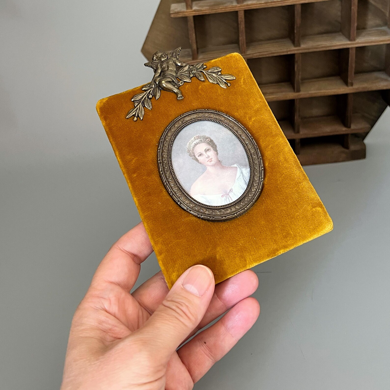 Antique Victorian Photo Frame Decorated With Yellow Velvet and Brass ...