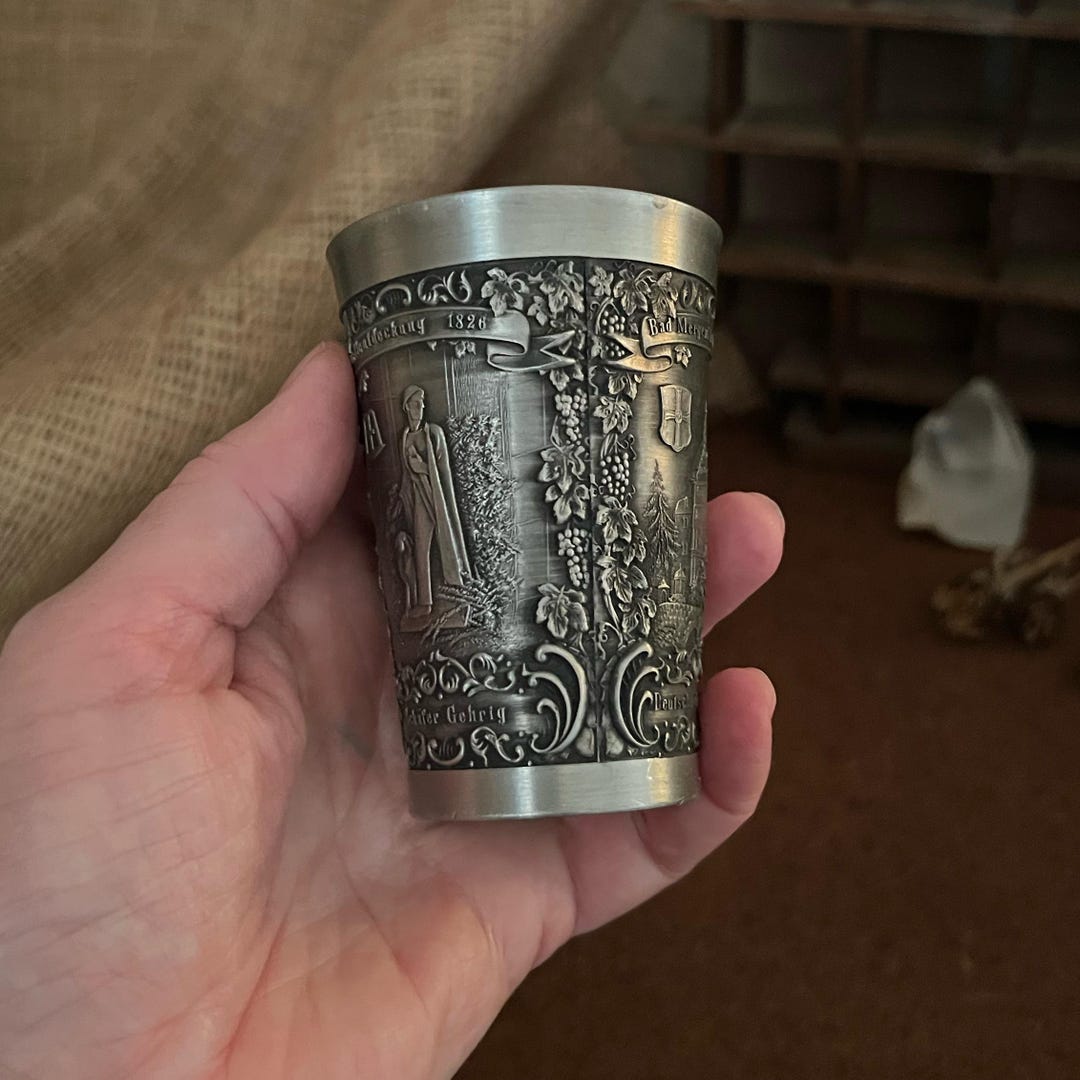 Pure Pewter Ritual Cup - Vintage Ornately Decorated Offering Vessel ...