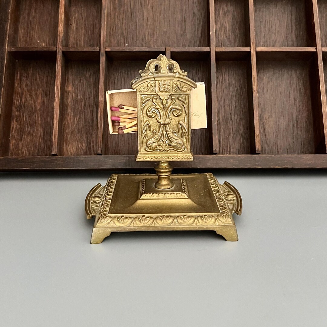 Brass Matchbox Holder With Integrated Ashtray - Antique, Ornate, Marked ...