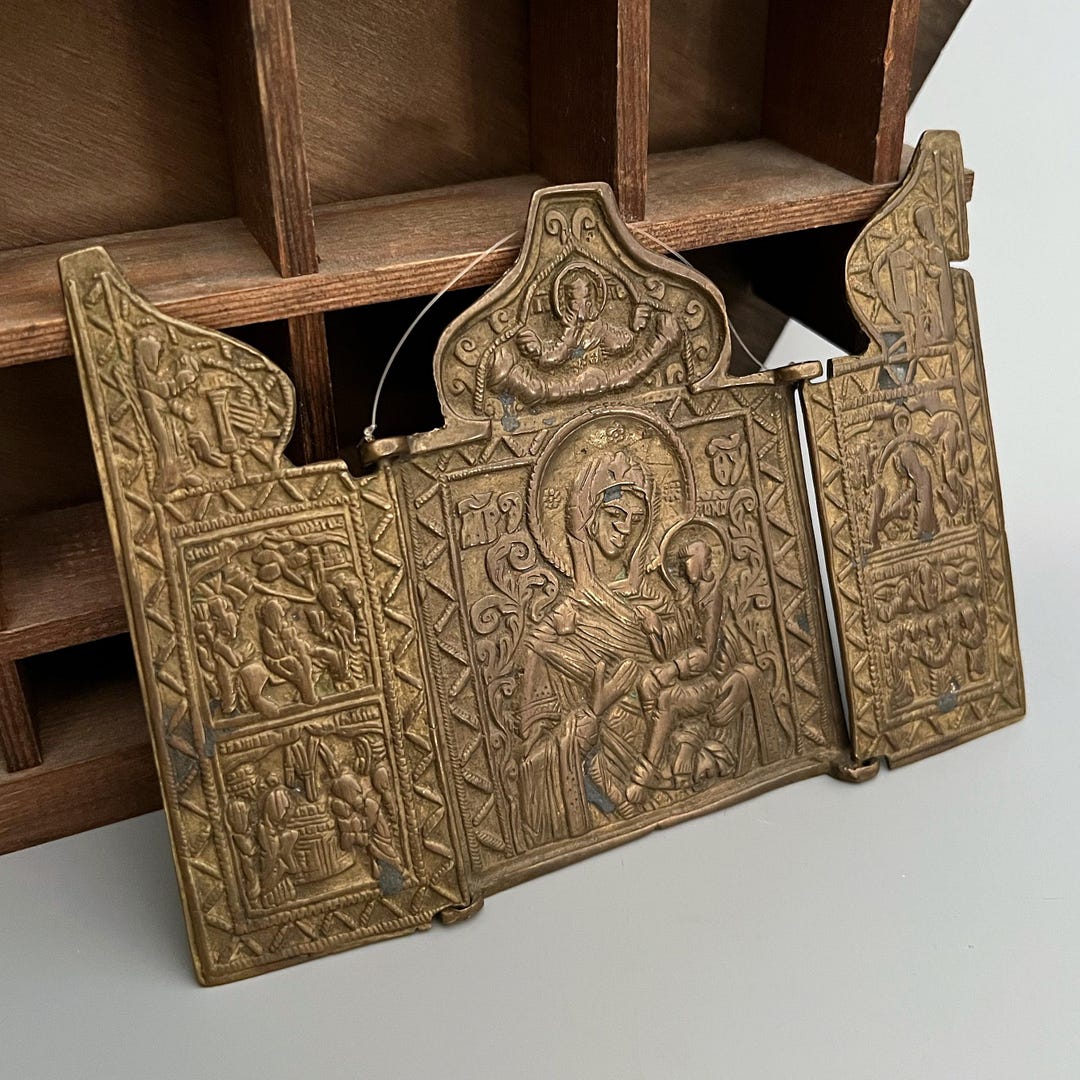 Antique Orthodox Triptych Mary and Jesus Triptych Small Travel Altar 5. ...