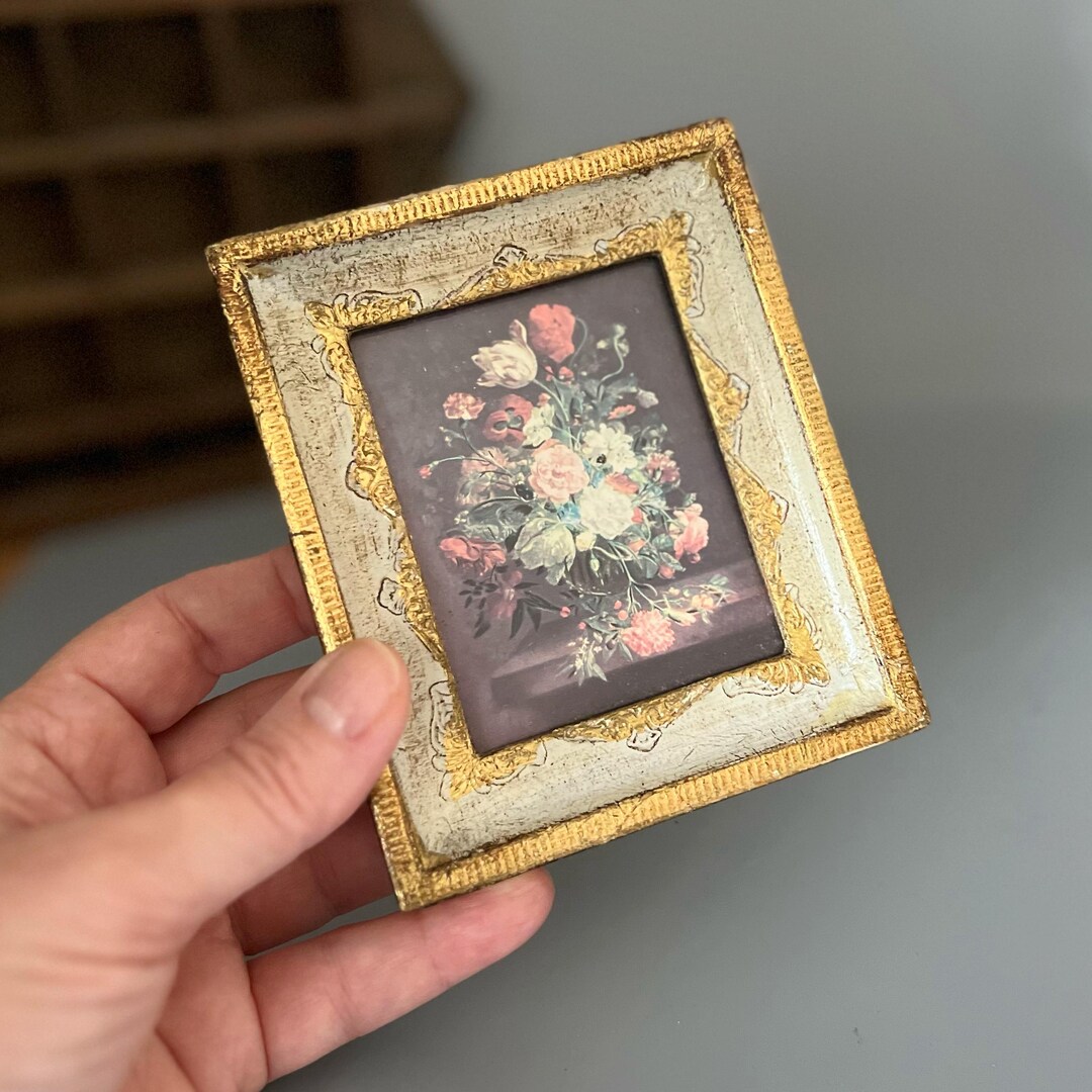 Small Gold Picture Frame With Glass - Dark Floral Print in Rectangular ...