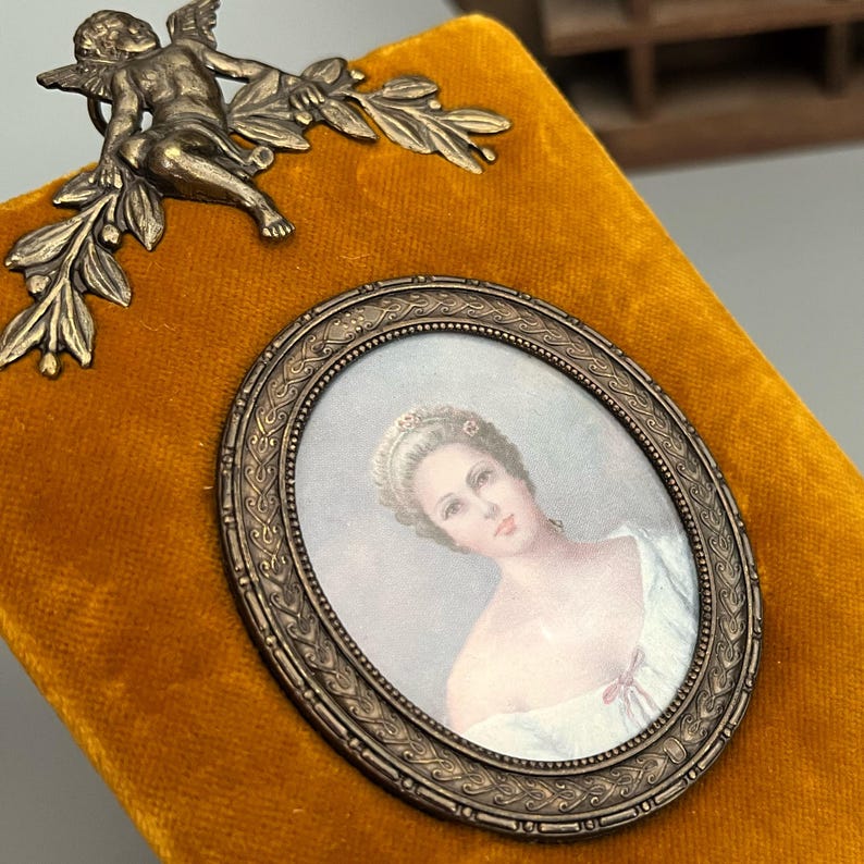 Antique Victorian Photo Frame Decorated With Yellow Velvet and Brass ...